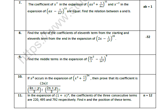 CBSE Class 11 Mathematics Binomial Theorem Worksheet Set B